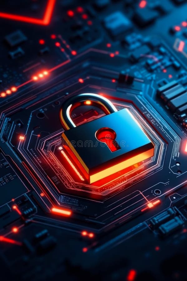 A Padlock on a Circuit Board with Red Lights Stock Illustration ...