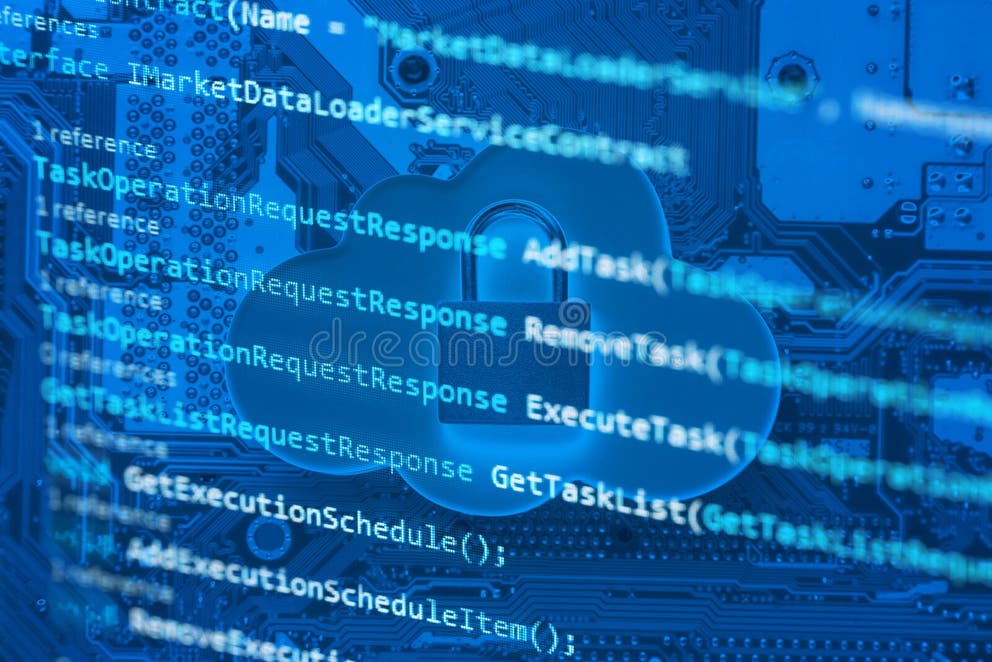 Padlock on Cloud and Computer Motherboard with Coding Programmer Language Script Text. Internet ...