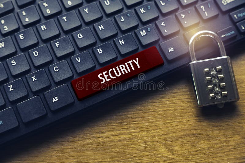 Padlock and Computer Keyboard with Red Button Written with Security ... Padlock and Computer Keyboard with Red Button Written with Security ...