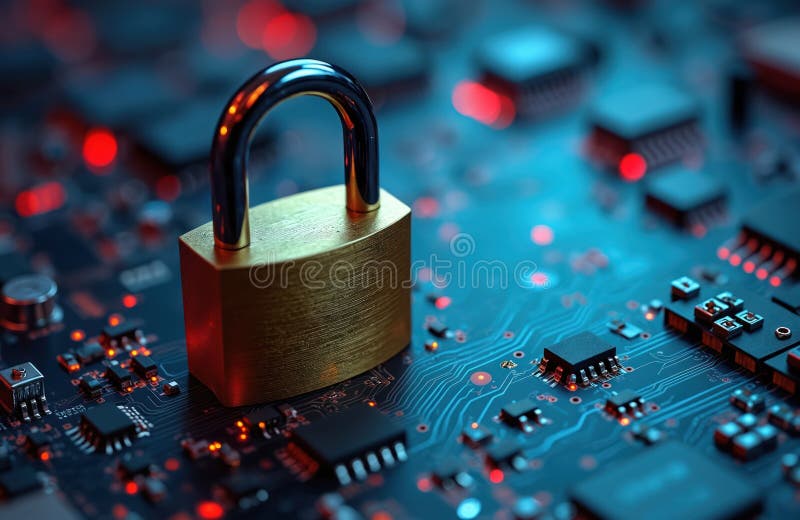 Padlock on Computer Motherboard Cybersecurity. Digital Data Protection ...