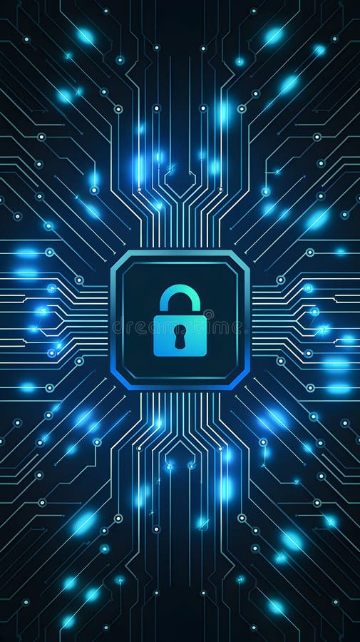 Padlock on Dark Blue Background with Circuit Lines Highlights Data ...
