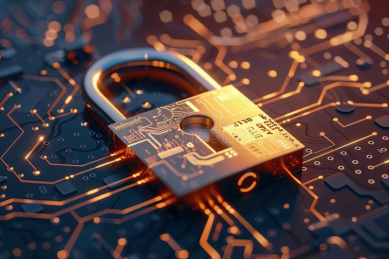 Close-up View of Circuit Board and Padlock. Data Security Concept Stock ...