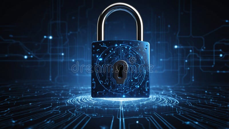 Padlock with Digital Circuits on Dark Blue Tech Background Representing ...