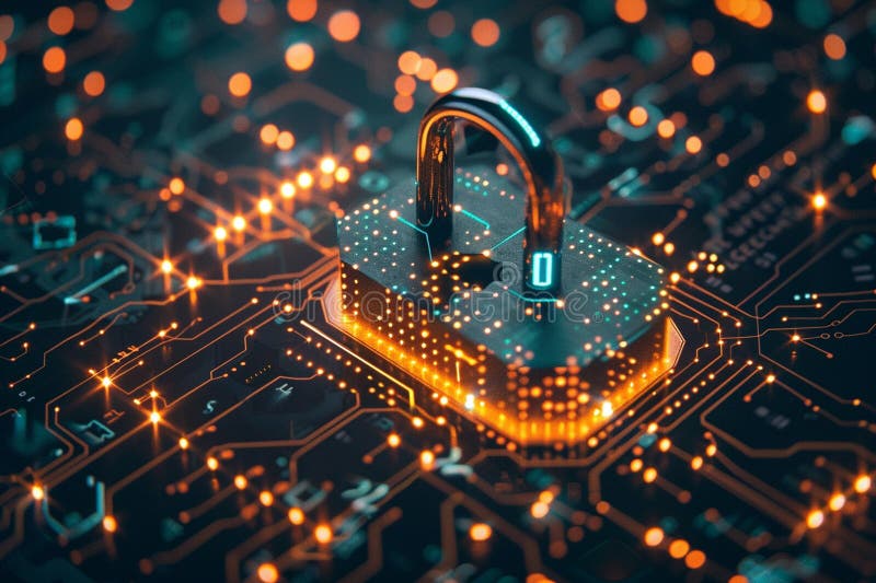 Padlock on Futuristic Circuit Board. Tech Security, Encryption, Cyber ...