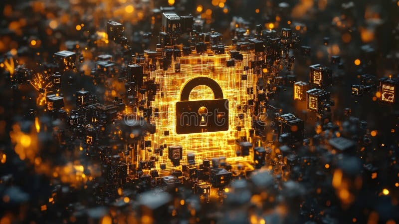 Padlock Glowing Inside Digital Cube Protecting Data Transmission in ...