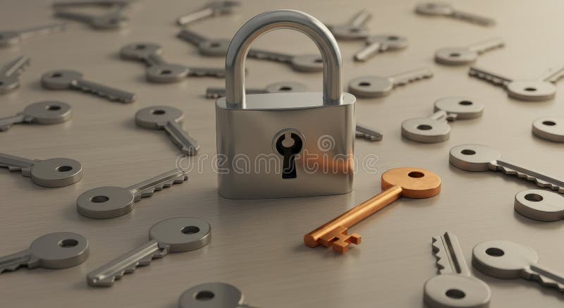 Padlock with Golden Key Surrounded by Silver Keys Illustrating Security ...