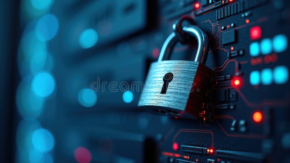 A Padlock Hangs Securely on a Server, Surrounded by Illuminated Panels ...