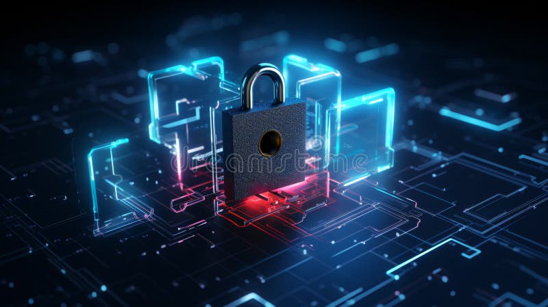 A Padlock and Hi Tech Digital Background with Red and Blue Neon Glow ...
