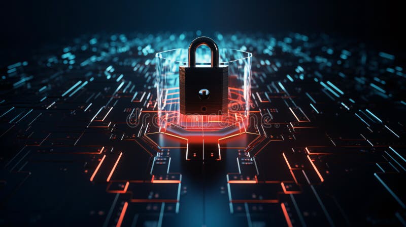 A Padlock and Hi Tech Digital Background with Red and Blue Neon Glow ...