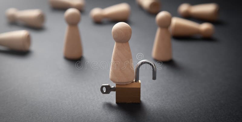Padlock with a Human Wooden Figures on the Desk. Personal Protection ...