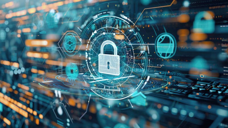 Padlock Icon within a Complex Interface of Cyber Security Network Lines ...