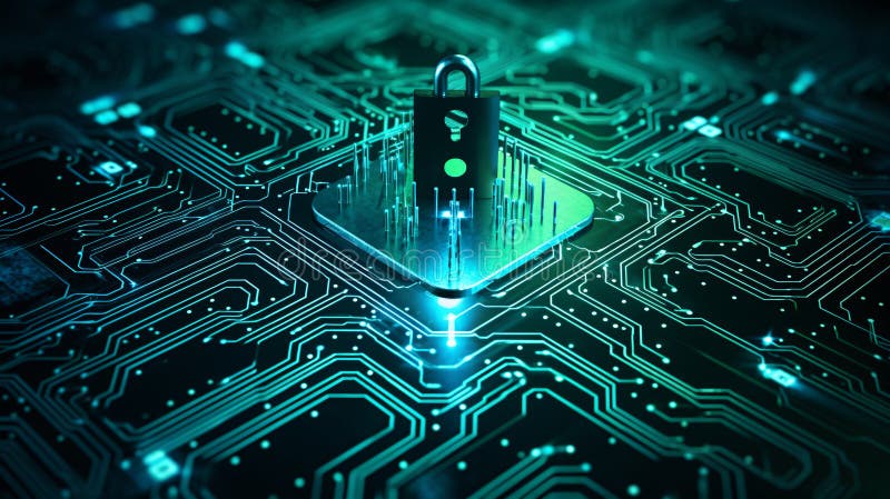 A Padlock and Illuminated Digital Circuit Board with Green Neon Glow ...