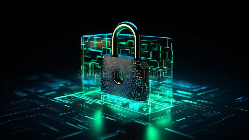 A Padlock and Illuminated Digital Circuit Board with Green Neon Glow ...