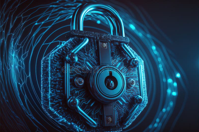 A Padlock with a Key on it in a Blue Background with Lines and Dots ...