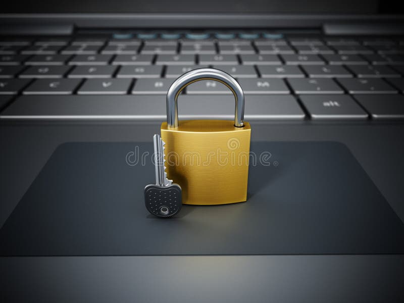 Padlock and Key Standing on Laptop Computer. 3D Illustration Stock ...