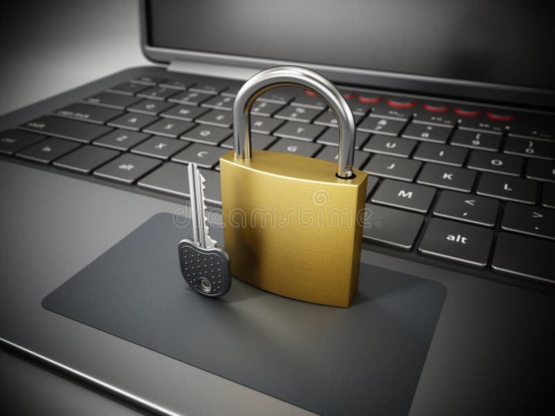 Padlock and Key Standing on Laptop Computer. 3D Illustration Stock ...