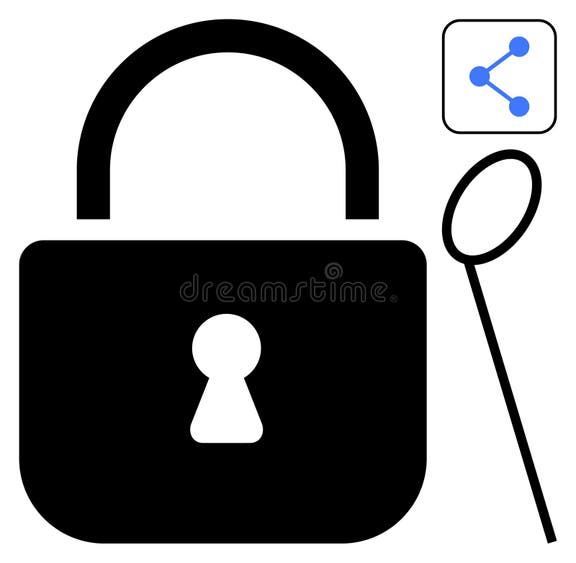 Padlock with Keyhole, Connected Network Icon, and Magnifying Glass ...