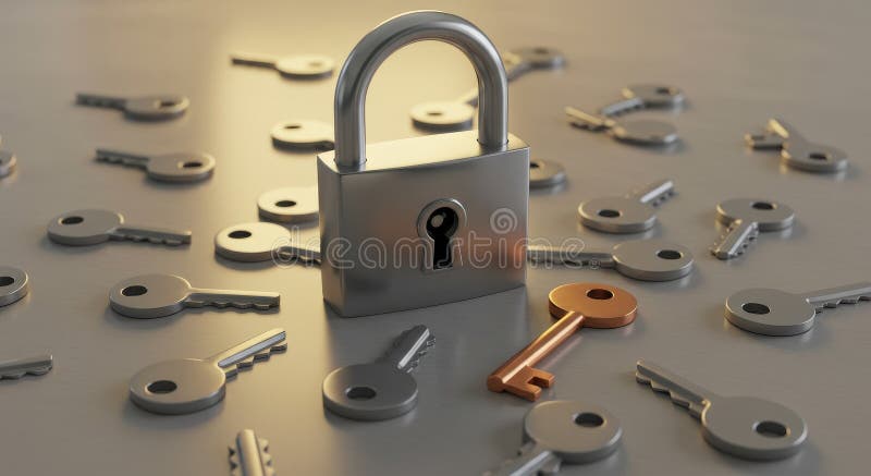 Padlock Surrounded by Silver Keys and One Bronze Key Representing ...