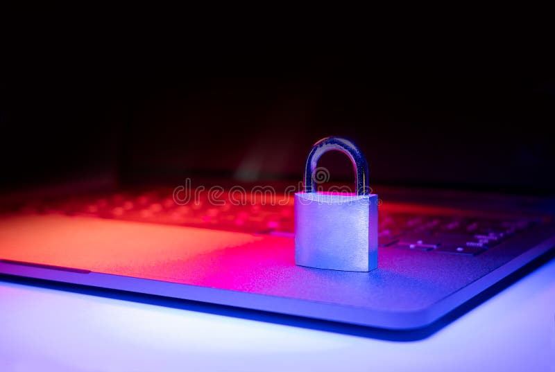 Illuminated Padlock with Blue Lights on Dark Background. Stock Image ...