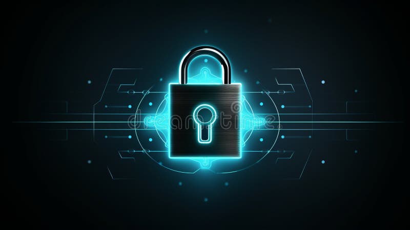 Padlock in Neon Glow on Abstract Chip Pattern Backdrop, Symbolizing of ...