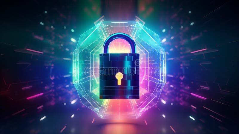 Padlock in Neon Glow on Abstract Digital Multicolored Backdrop ...