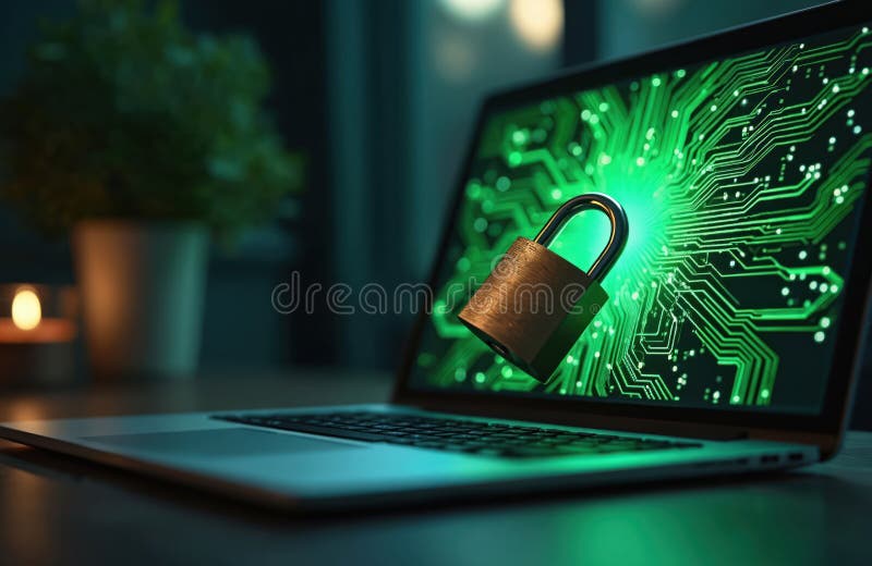 Padlock on Notebook Screen with Green Lights. Cyber Security Concept ...
