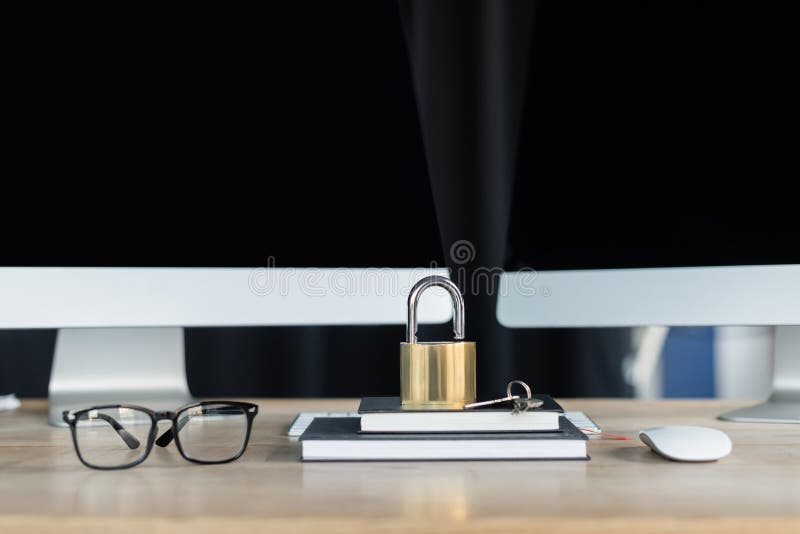 Padlock on Notebooks Near Eyeglasses and Stock Photo - Image of ...