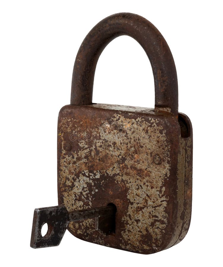 Padlock Old Padlock with a Key on a White Background. Isolate of a ...