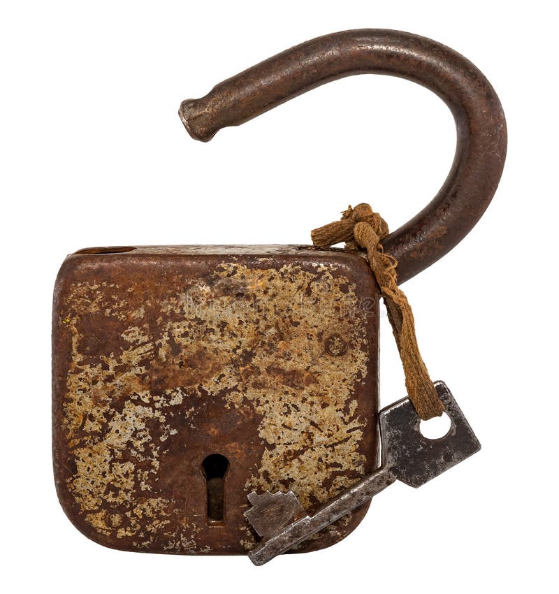 Padlock Old Padlock with a Key on a White Background. Isolate of a ...