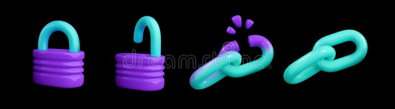 Padlock, Open Lock, Chain and Weakness Chain Link 3d Vector Icon Set on ...