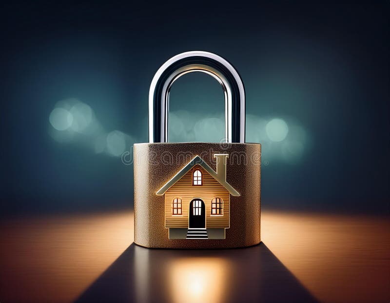 Padlock Protecting Wooden House on Dark Background Stock Illustration ...