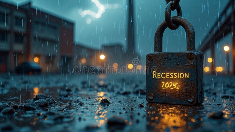 Padlock with Recession 2025 Amidst Rainy Urban Street Scene Stock Image ...