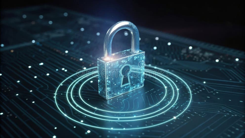 Padlock Resting on Circuit Board Surface Representing Advanced Quantum ...