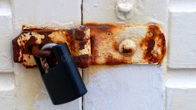 Padlock on rusty hinges stock photo. Image of door, padlock - 236613516