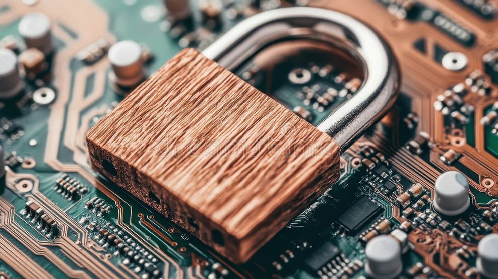 Padlock Secures Circuit Board. Cybersecurity Awareness Theme. Close Up ...