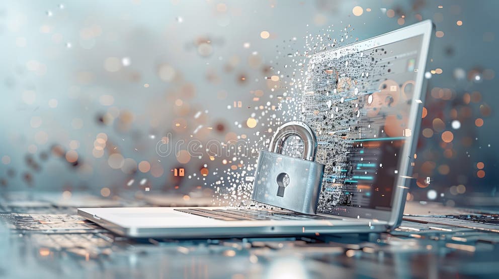 Padlock Securing Business Data on a Notebook with a Laptop Stock ...