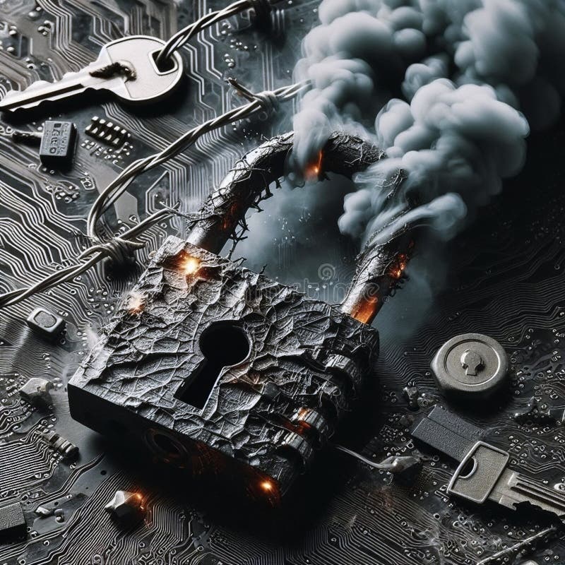 Burnt Padlock on Circuit Board Security and Freedom Theme Cyber ...