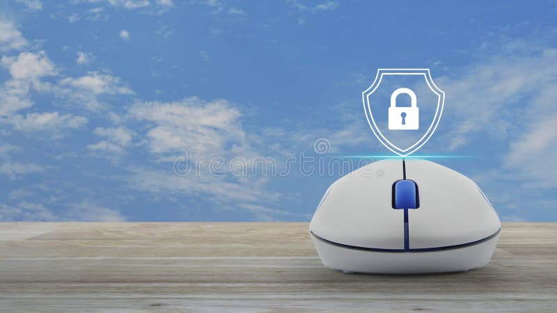 Padlock with Shield Icon with Wireless Computer Mouse on Wooden Table ...