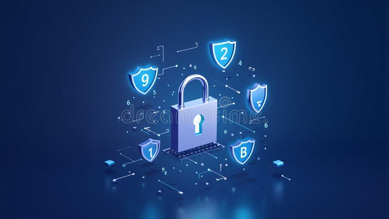 Padlock and Shields with Numbers on Blue Background Stock Illustration ...