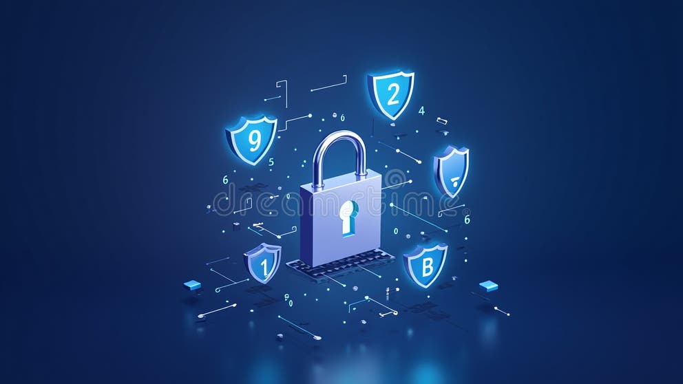 Padlock and Shields with Numbers on Blue Background Stock Illustration ...