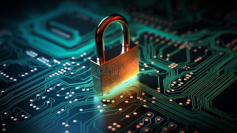 The Padlock Sits on a Glowing Electronic Circuit Board. - Electronic ...