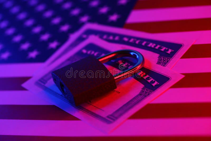 Padlock And Social Security Card On United States Flag Identity Theft