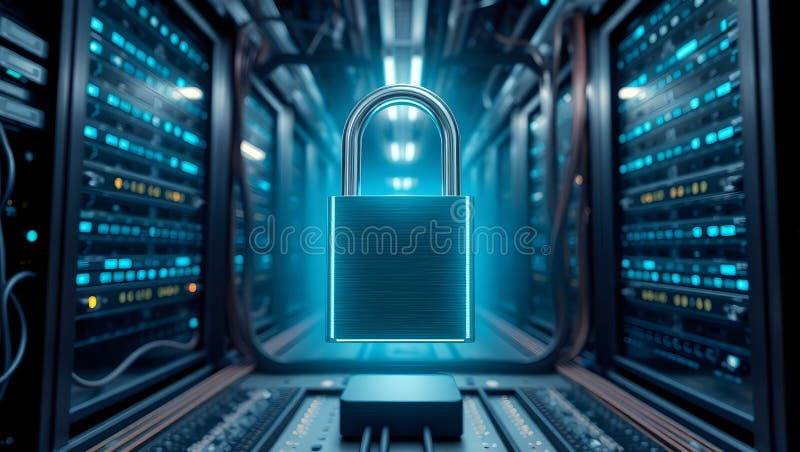 Glowing Padlock Securing Data in a Futuristic Server Room with Blue ...