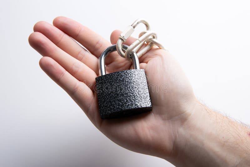 Padlock with Steel Chain in the Human Hands Stock Image - Image of ...