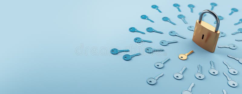 A Padlock Surrounded by Scattered Keys on a Blue Background ...