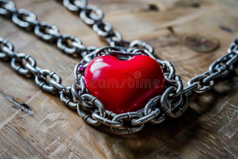 Padlocked Chains Around a Red Heart on a Wooden Table Stock Image ...