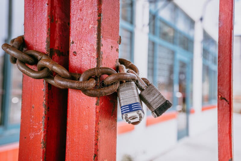 Padlocks with Chains Used To Secure a Building Stock Image - Image of ...