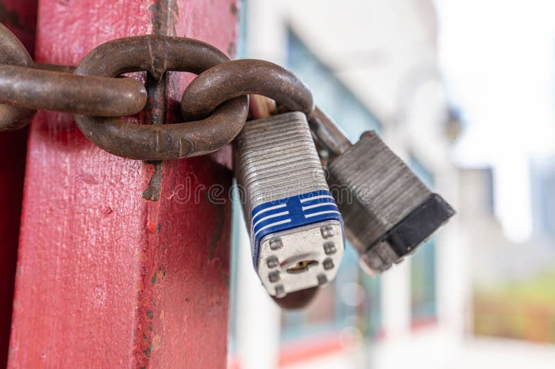 Padlocks with Chains Used To Secure a Building Stock Photo - Image of ...