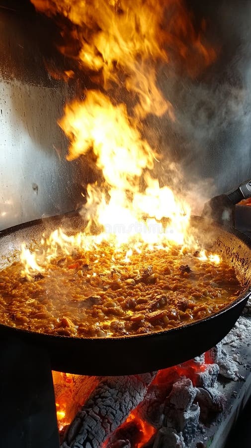Paella Being Cooked Over Fire. Stock Image - Image of food, gourmet ...