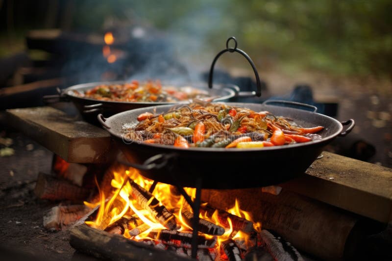 Paella Cooking Outdoors on an Open Fire, Traditional Style Stock ...